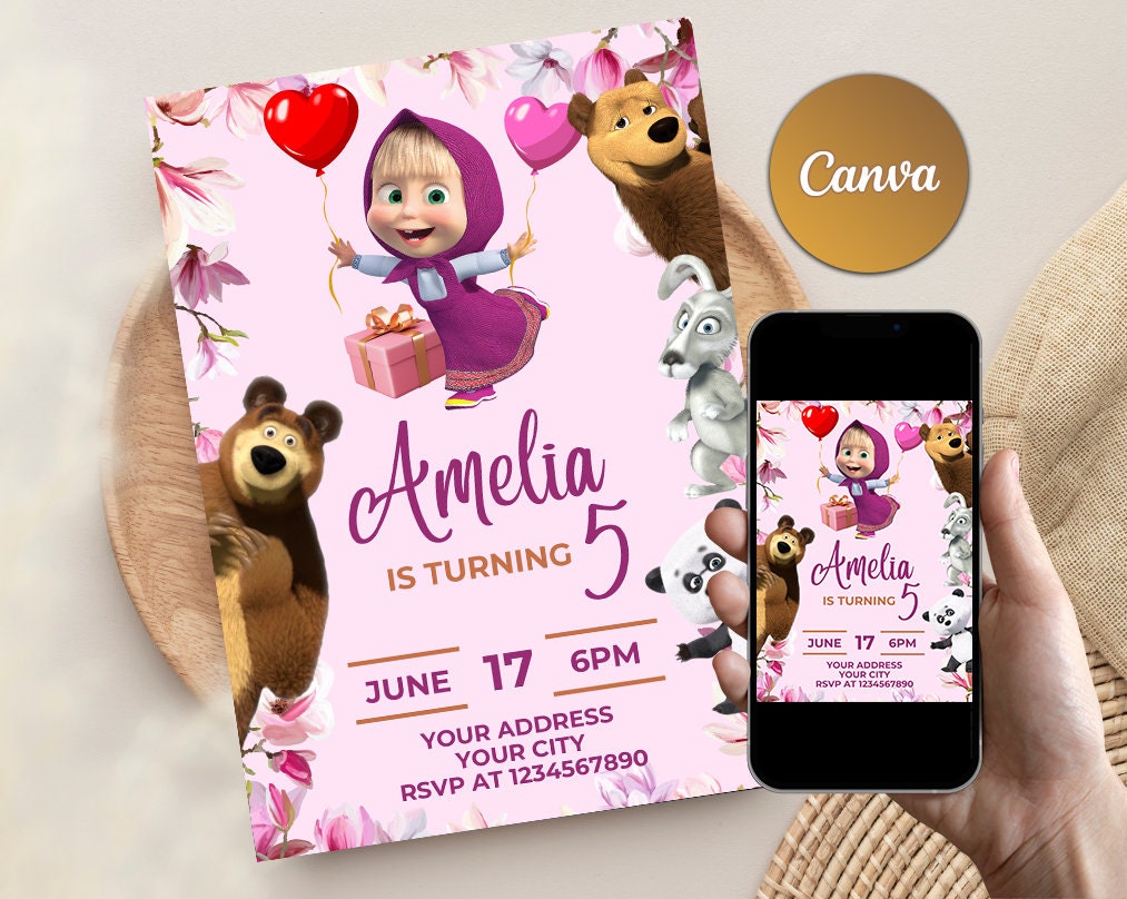 Invitación de cumpleaños de Masha y el oso / Invitación a la fiesta de ...