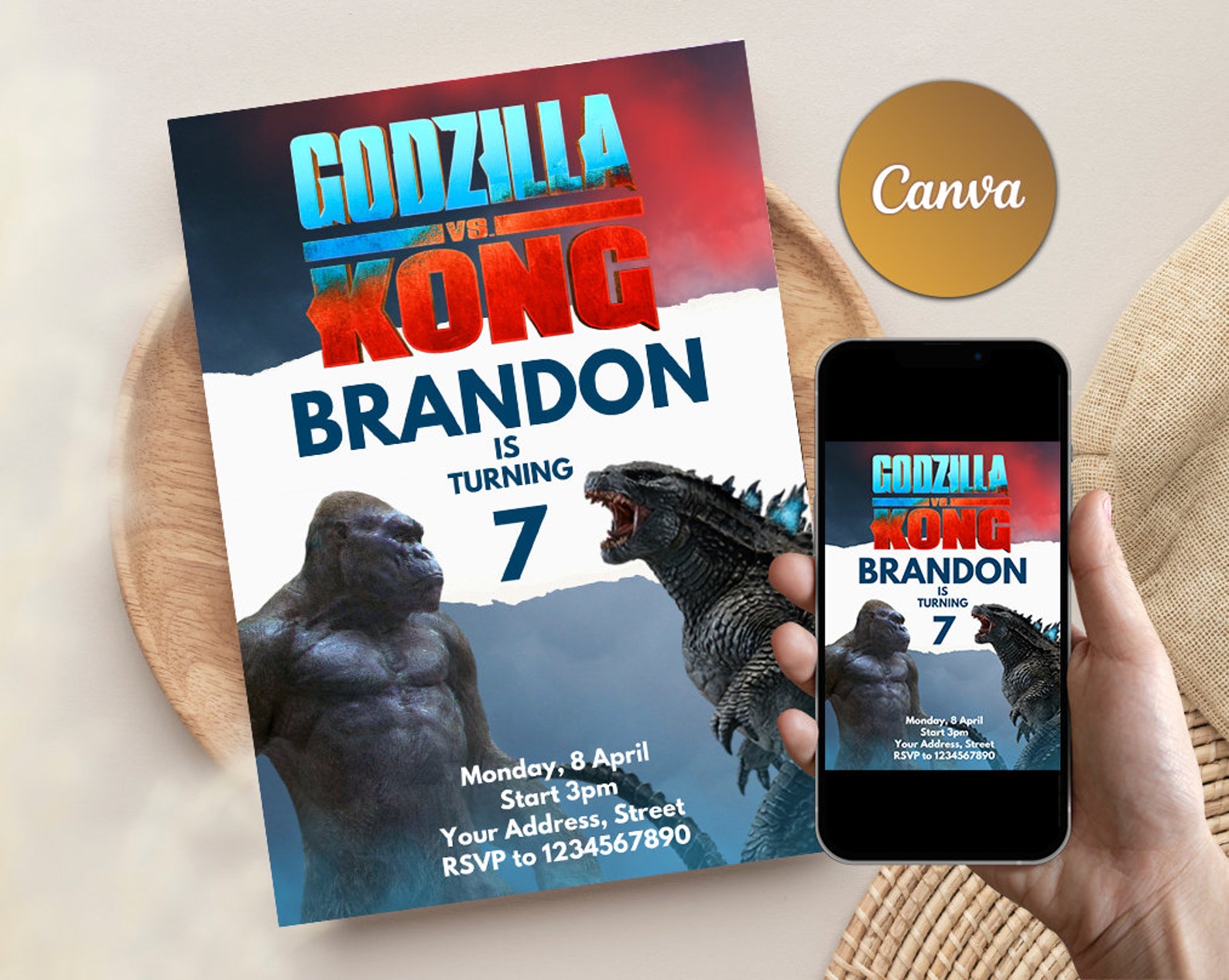 Editable Godzilla Vs King Kong Birthday Party Invitation Template ...