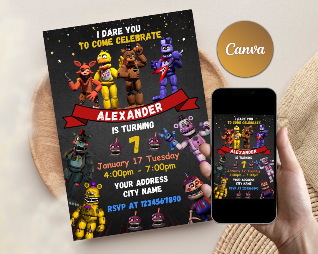 Editable Five Nights at Freddys Birthday Invitation for Boy & Girl Kids ...