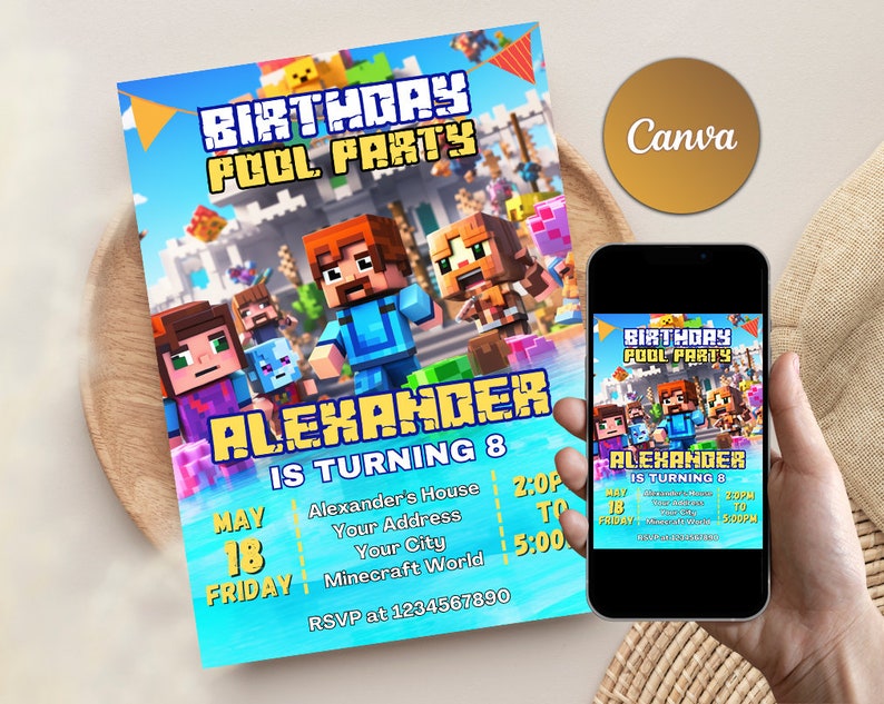 Editable Pool Party Minecraft Birthday Invitation Minecrafter Birthday ...