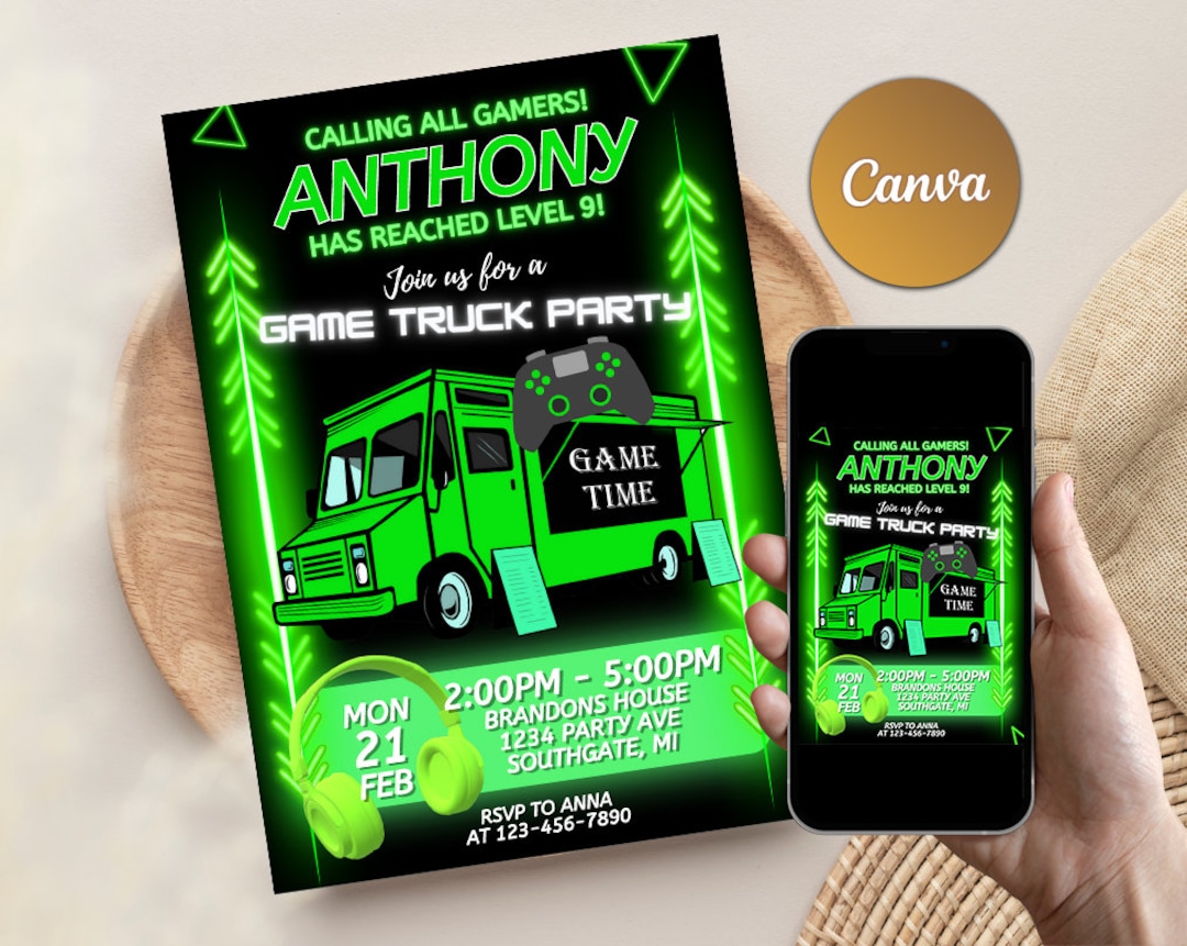 Gamer Truck Party Invitation Editable Video Game Gaming Bus Birthday ...