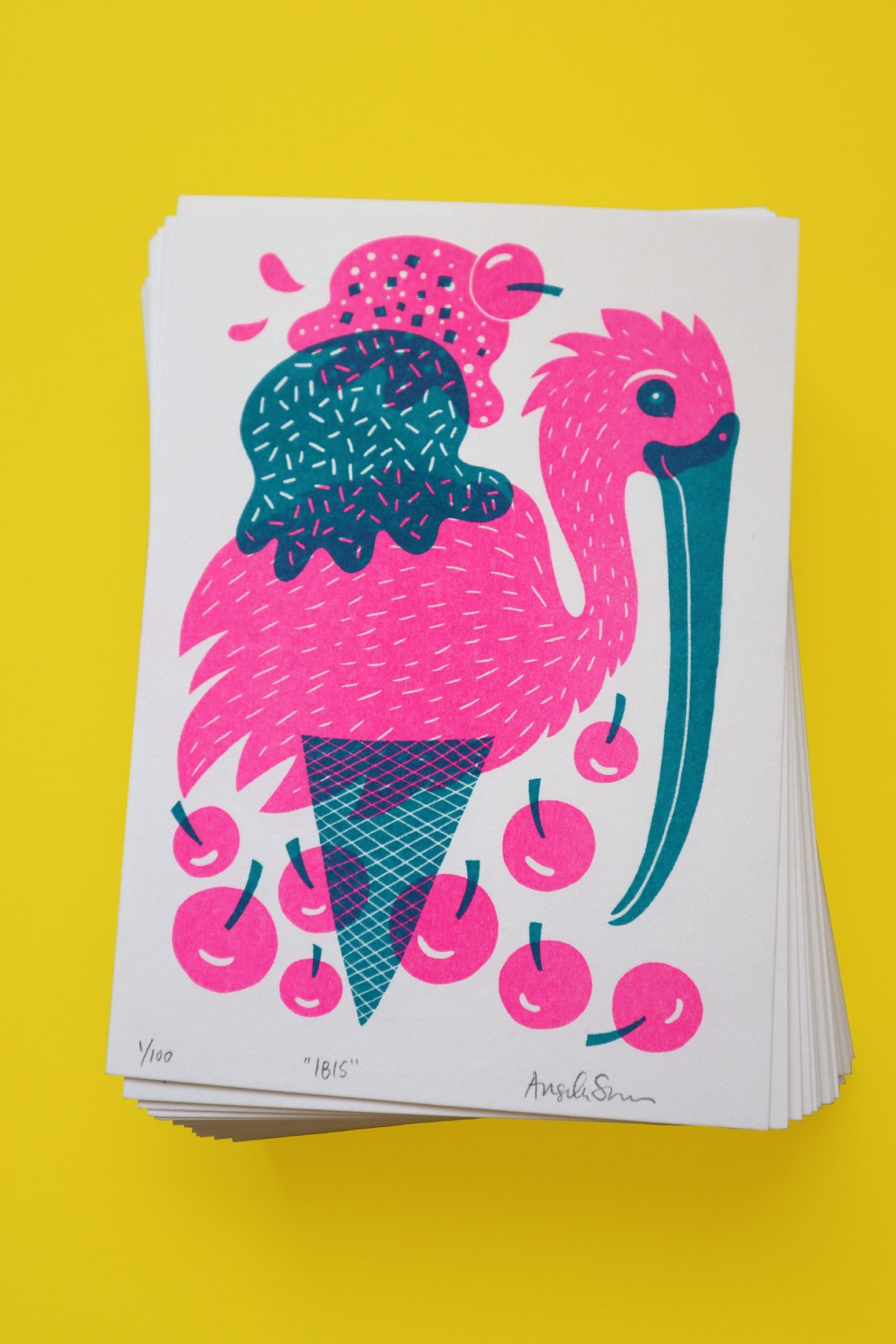 Ice Cream Ibis Bird Risograph Print 5 X 7 - Etsy