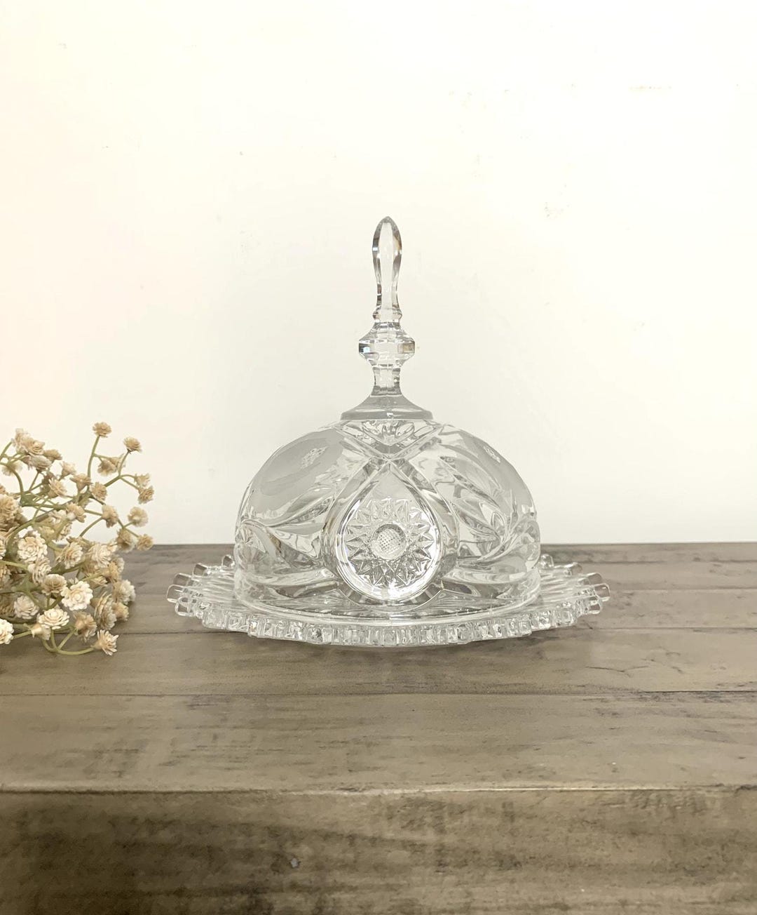 Vintage Cut Crystal Glass Cheese Dome Dish With Etched Flowers and ...