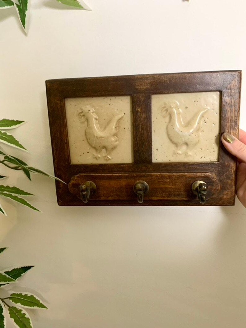 Vintage Wood and Ceramic Tile Wall Hook Hanger Decor With Roosters - Etsy