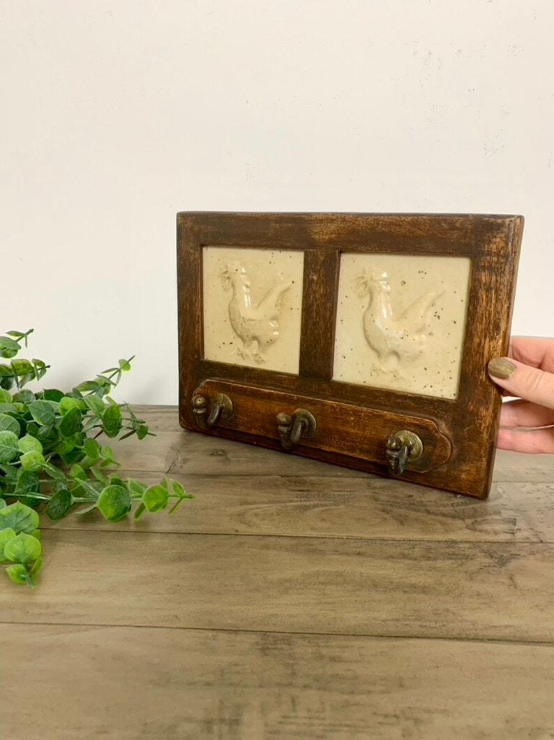 Vintage Wood and Ceramic Tile Wall Hook Hanger Decor With Roosters - Etsy