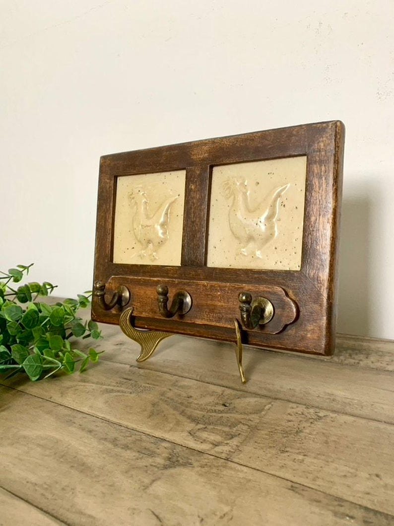 Vintage Wood and Ceramic Tile Wall Hook Hanger Decor With Roosters - Etsy