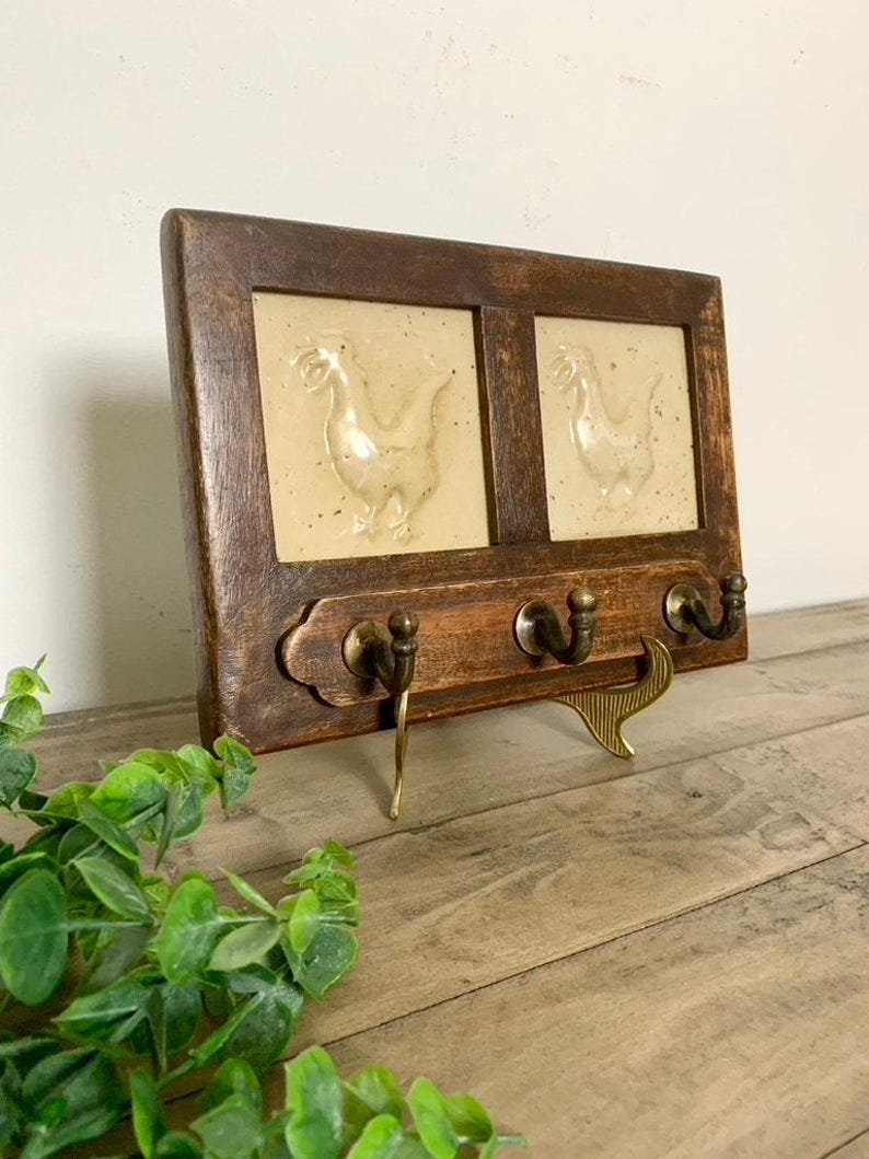 Vintage Wood and Ceramic Tile Wall Hook Hanger Decor With Roosters - Etsy