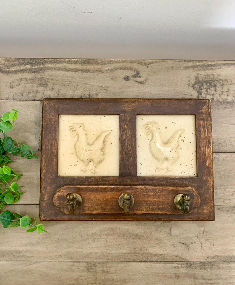 Vintage Wood and Ceramic Tile Wall Hook Hanger Decor With Roosters - Etsy