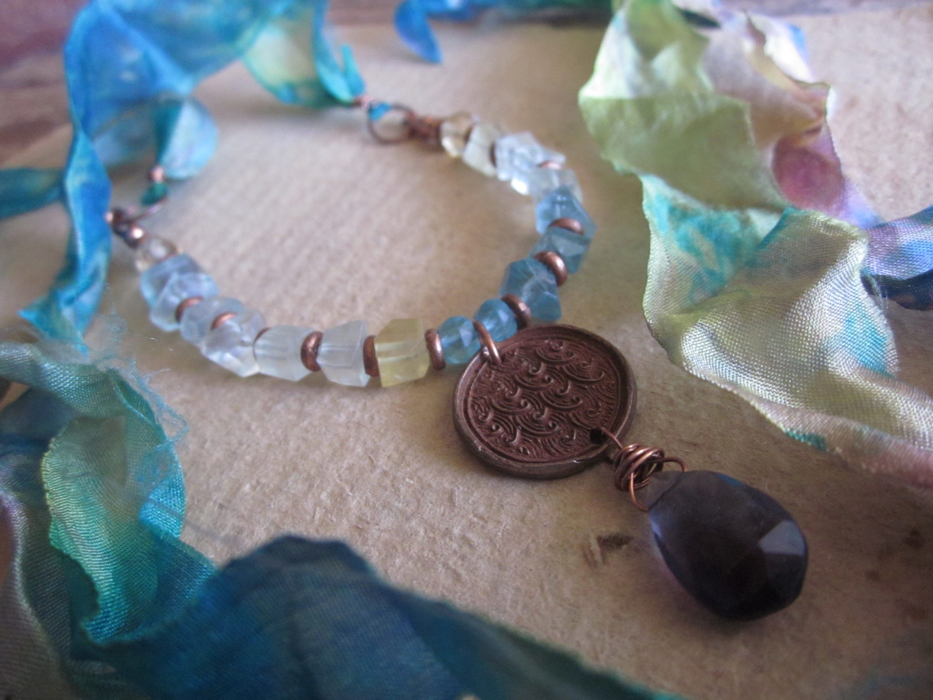 Katara Inspired Necklace, Mixed Faceted Nugget Gemstones Silk Ribbon ...