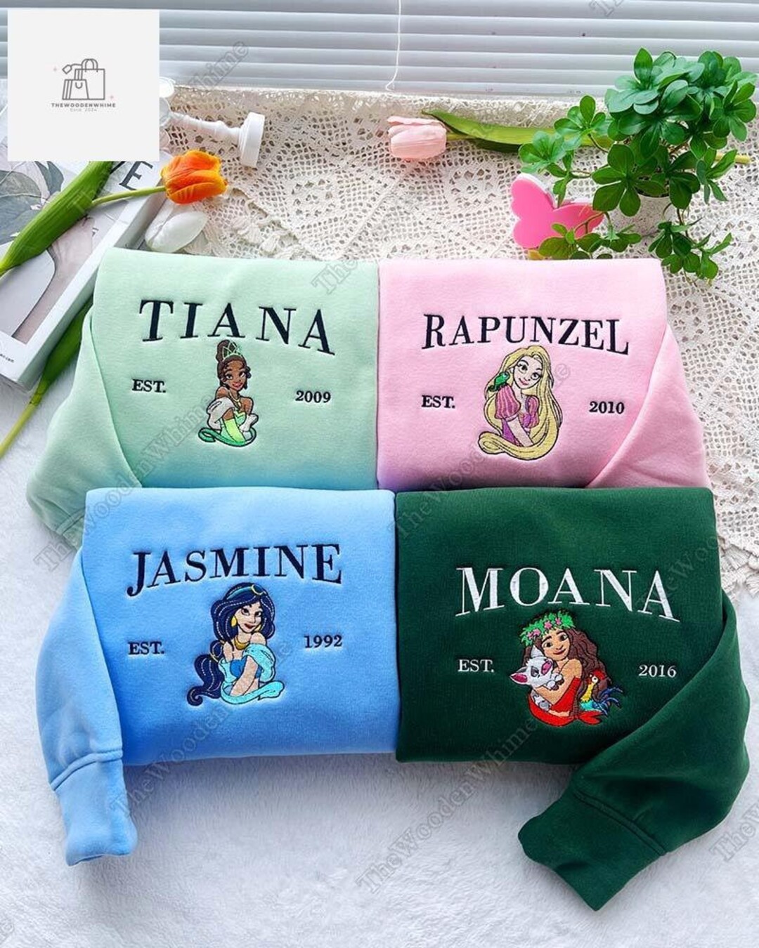 Disney Princess Embroidered Sweatshirt, Tiana Rapunzel Jasmine Moana ...