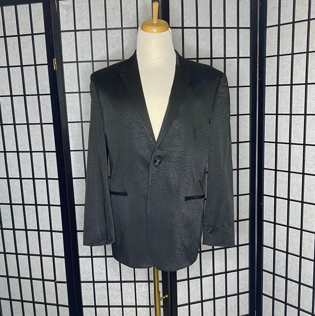 80's Men's Black Brocade Dinner Jacket, Vintage Black Brocade Tuxedo ...