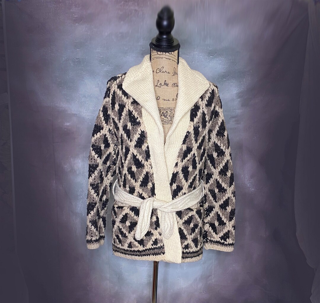 Vintage Chunky Wool Cardigan,argyle Wool Cardigan Black Brown Sweater ...