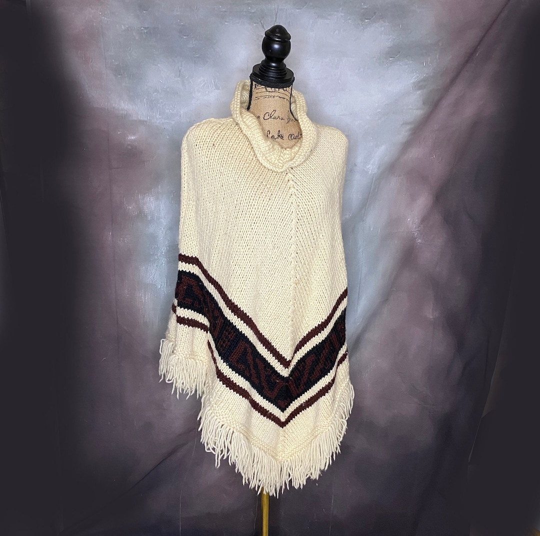 70's Acrylic Knit Poncho, Knee Length Poncho, Chevron Pattern Poncho ...