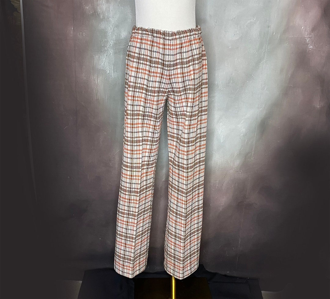 70's Women's Bell Bottom Pants, Brown Plaid Polyester Bell Bottoms ...