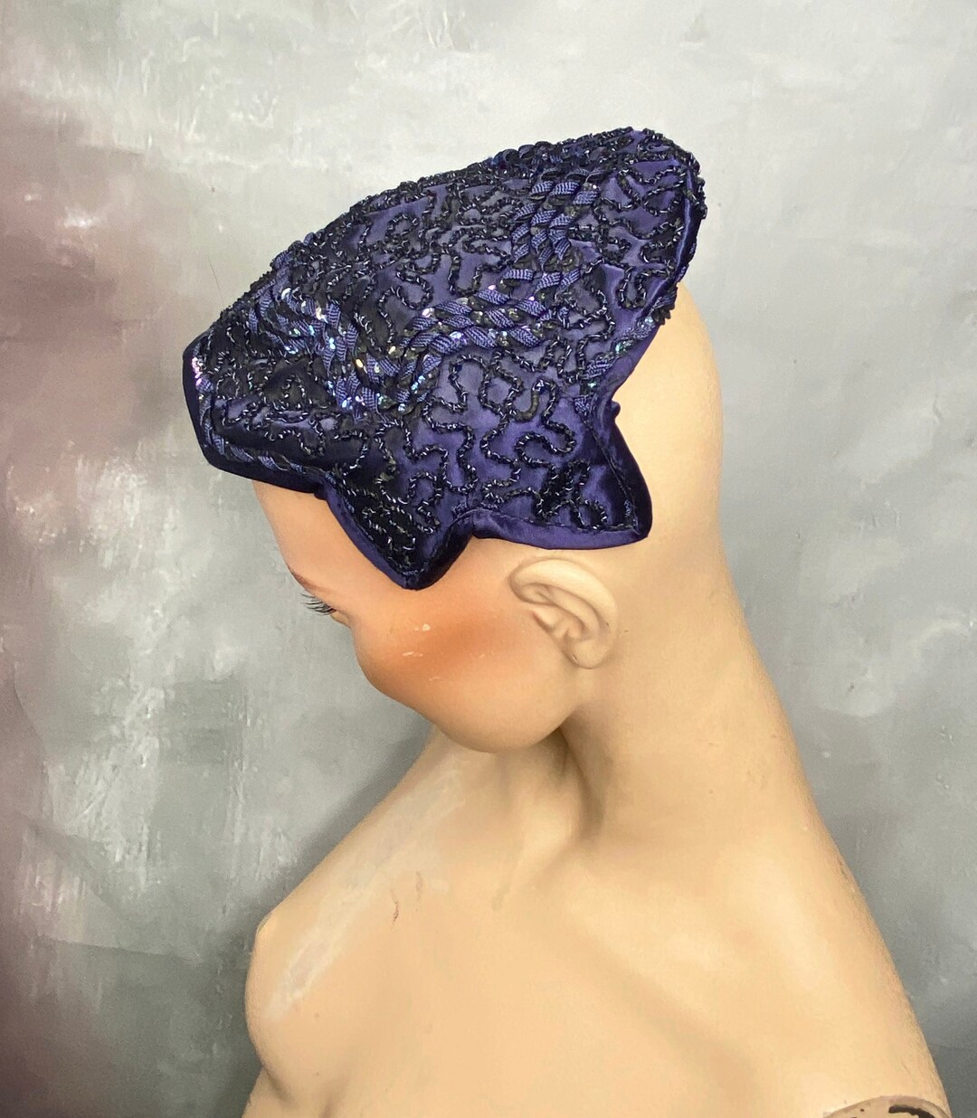 Vintage Women's Hat, 50's Women's Hat, Vintage Navy Beaded Caplet ...