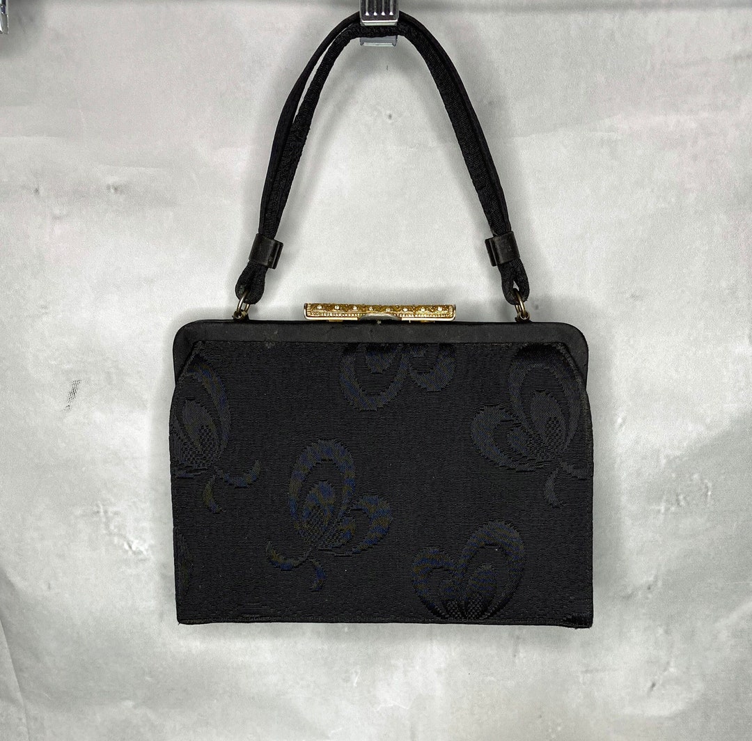 60's Vintage Black Brocade Handbag, Black Fabric Handbag, Rhinestone ...