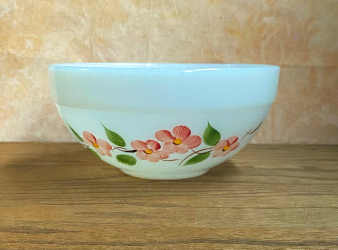 Fire King Peach Blossom Mixing Bowl, Hand Painted Milk Glass Bowl, Fire ...