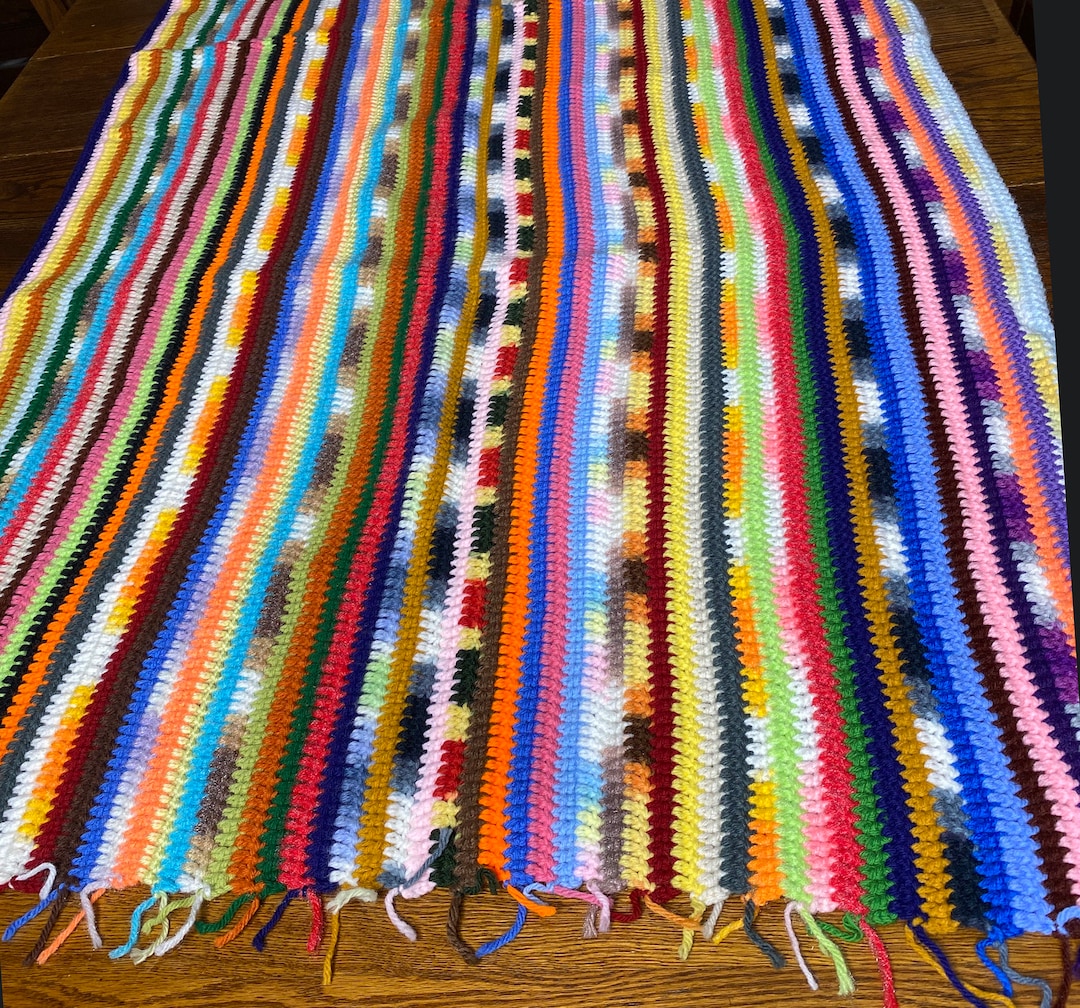 Vintage Acrylic Crochet Afghan in Bright Multicolor Stripes, 34" by 74 ...