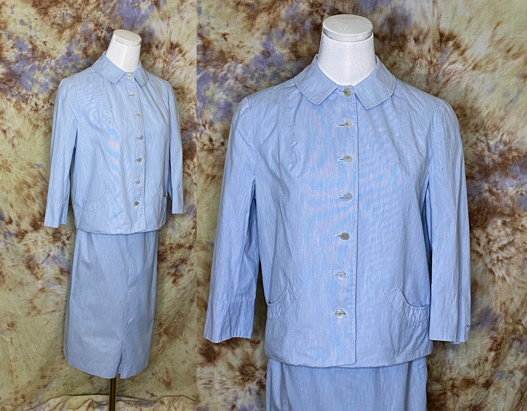 60's Vintage Light Blue Skirt Suit, Boxy Jacket Suit, Light Blue ...