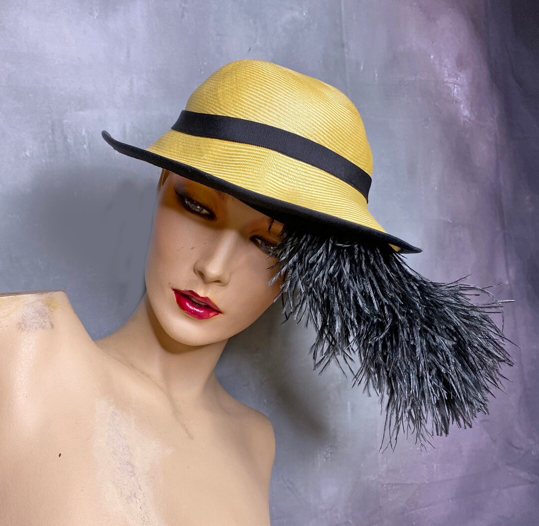 70's Vintage Yellow Straw Brimmed Hat With Ostrich Feather, Adolfo II ...
