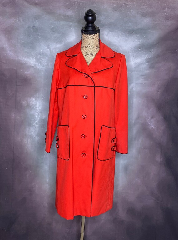70's Red Dress Coat With Black Braiding and Button Ac… - Gem
