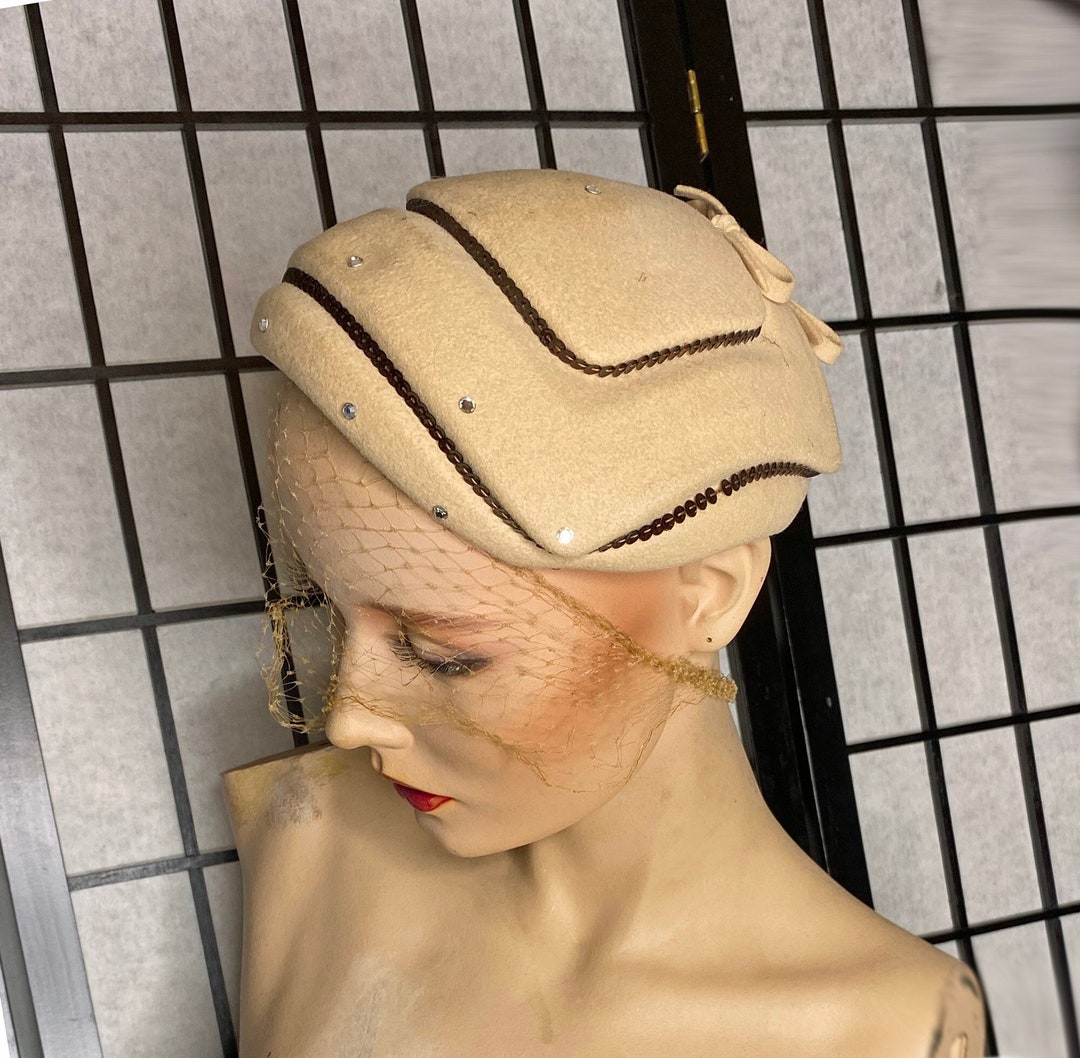 50's Beige Wool Juliet Hat With Veil, Rhinestones and Sequins, Merrimac ...