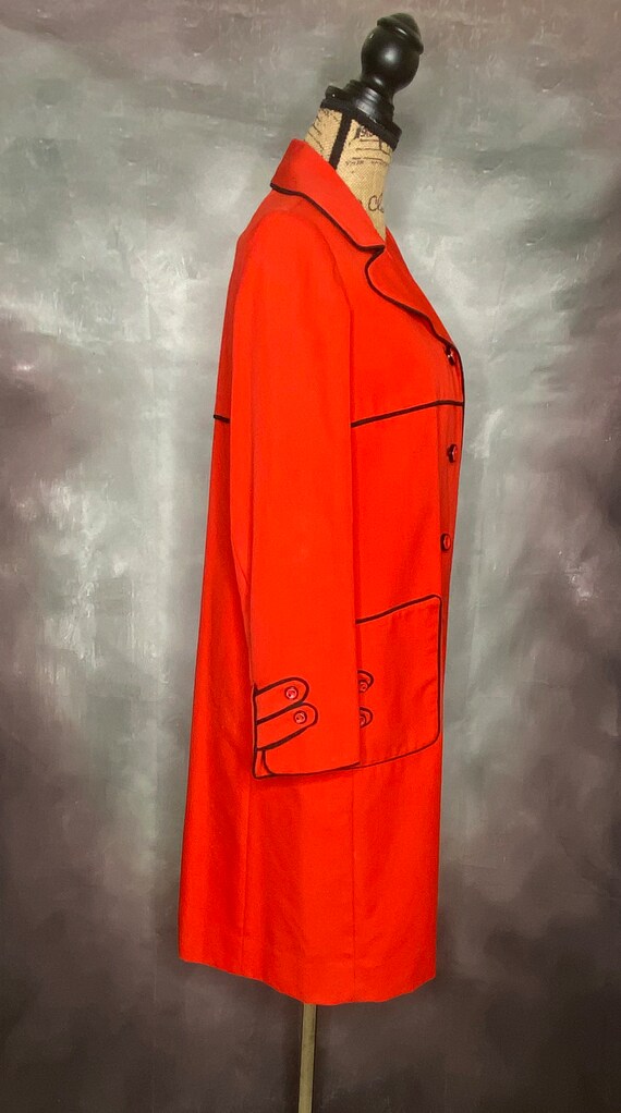 70's Red Dress Coat With Black Braiding and Button Ac… - Gem
