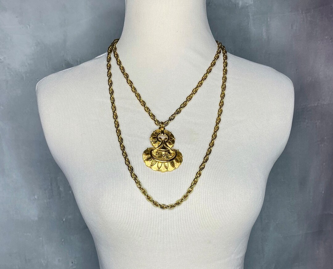 80's Double Strand Chain Gold Tone Pendant Necklace - Etsy