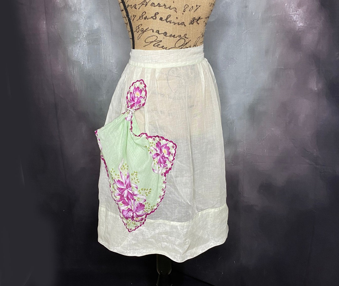 60's Vintage Half Apron, Green Organdy Half Apron, Green Purple Apron ...