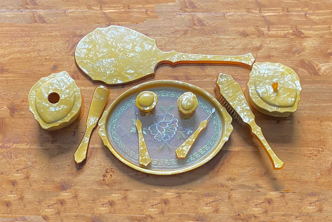 30's Marbleized Yellow Celluloid Art Deco Vanity Set, 9 Pieces - Etsy