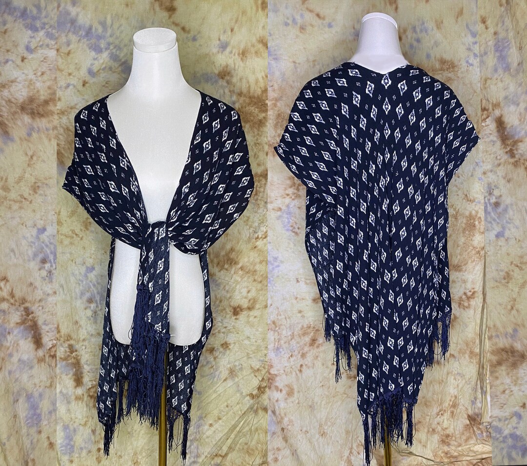 80's Navy Print Crepe Shawl With Fringe, Navy and White Print Serape ...