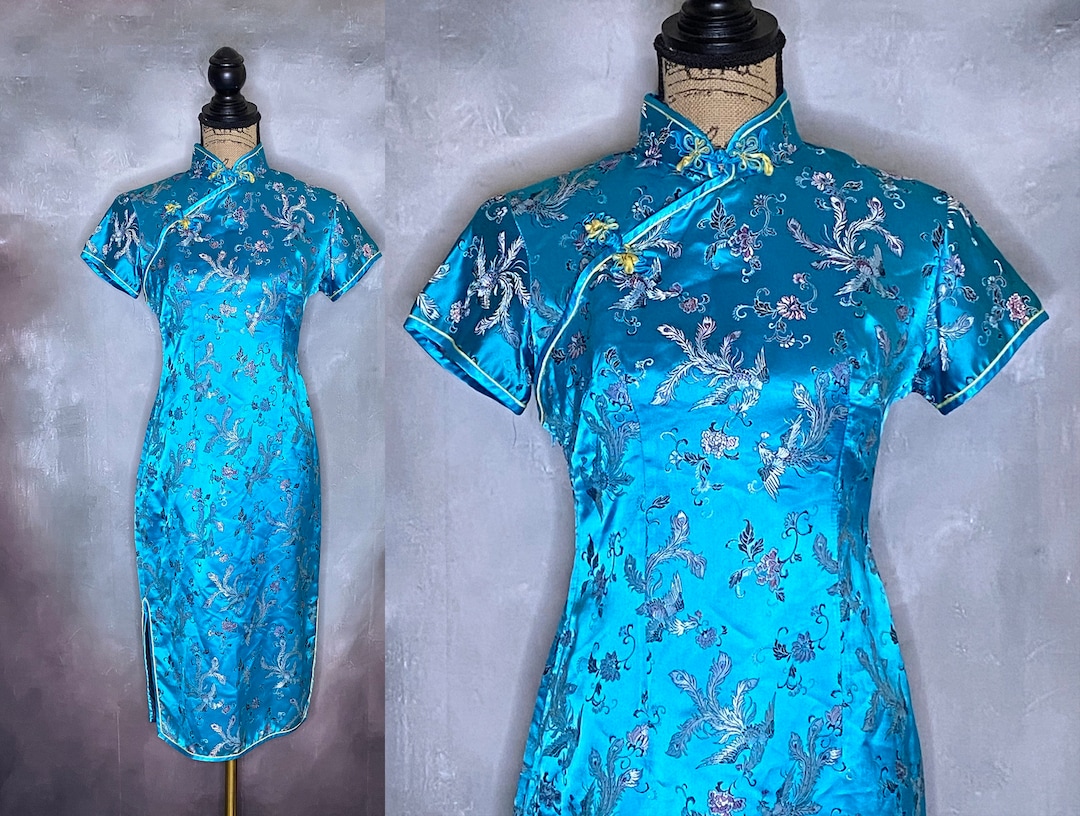 60's Blue and Silver Brocade Cheongsam Dress, Hong Kong Made Cheongsam ...