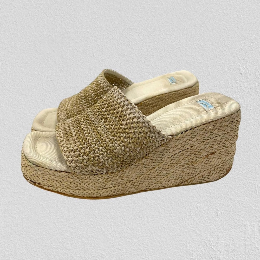 Vintage Sandals 90s Platform Wedges Mules Straw Sandal - Etsy