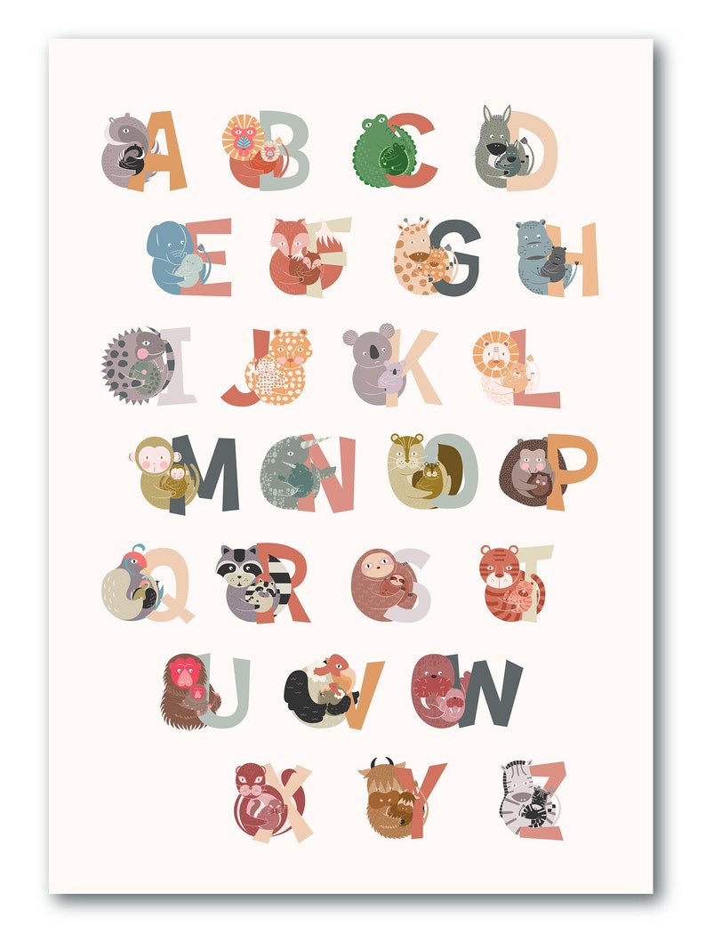 Animal Mama & Baby Alphabet Poster A3 A2 Children's Educational Prints ...