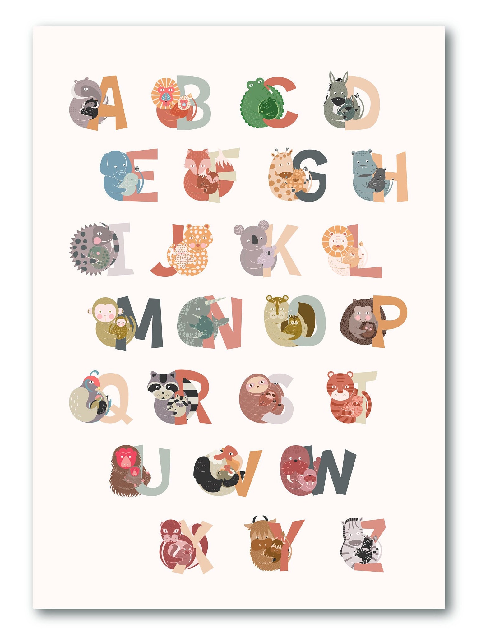 Animal Mama & Baby Alphabet Poster A3 A2 Children's Educational Prints ...