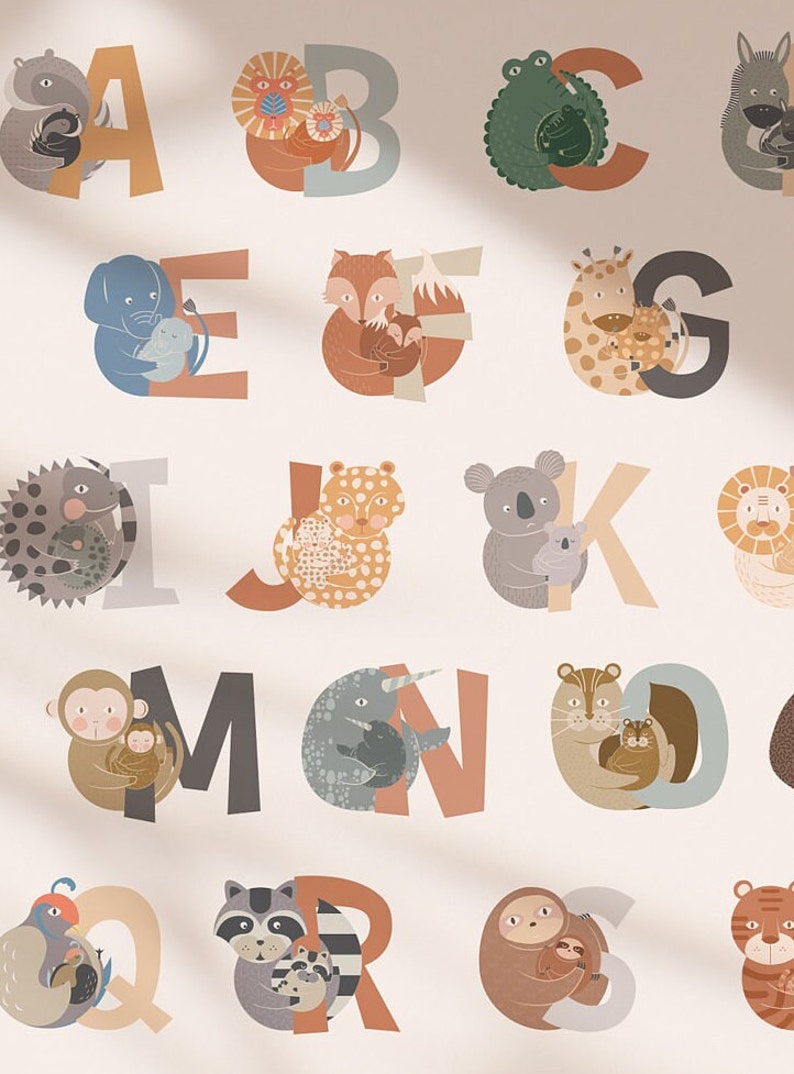 Animal Mama & Baby Alphabet Poster A3 A2 Children's Educational Prints ...