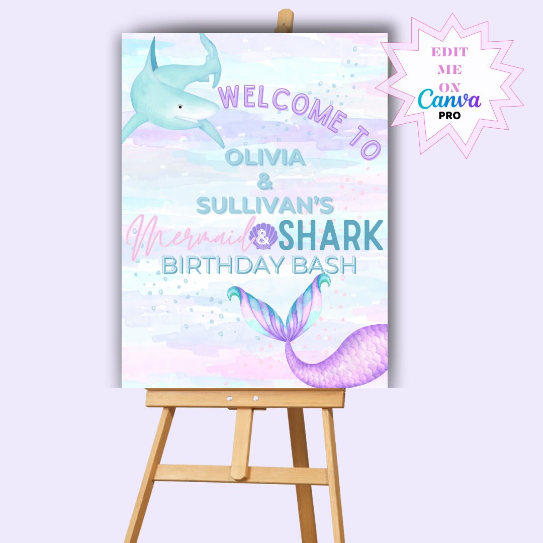 Mermaid & Shark Welcome Sign, Mermaid and Shark Birthday, Mermaid ...