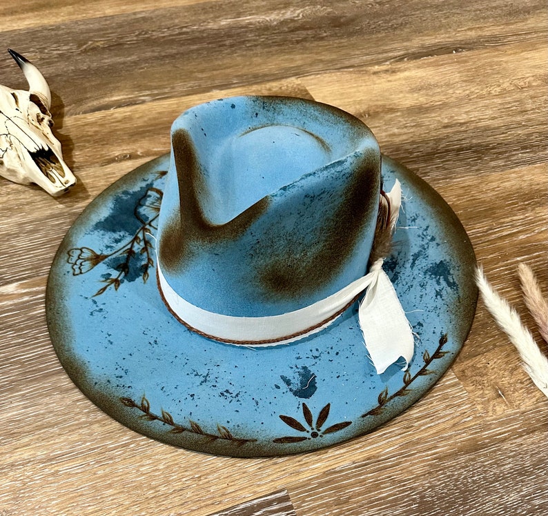 Custom Blue Hand Burnt Fedora- BARE UNDERSIDE - Etsy