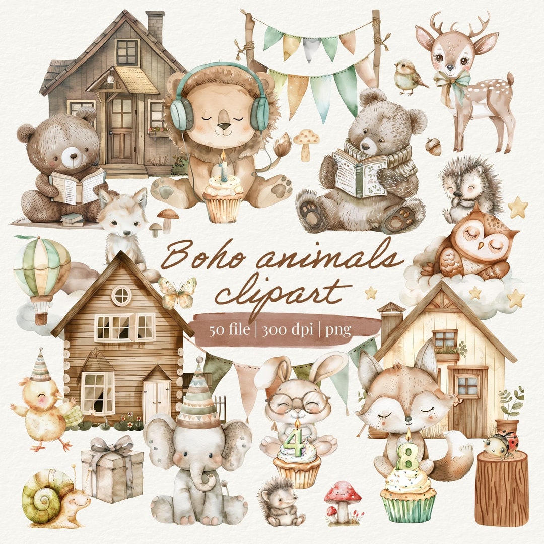 Boho Animals Clipart, Boho Nursery Animal Clipart, Baby Shower, Baby ...
