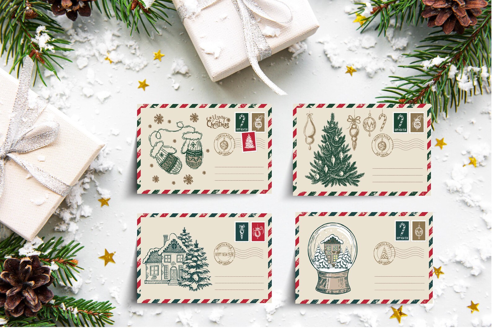 Vintage 4 Christmas Postcard Bundle, Retro Holiday Card Set, Winter ...