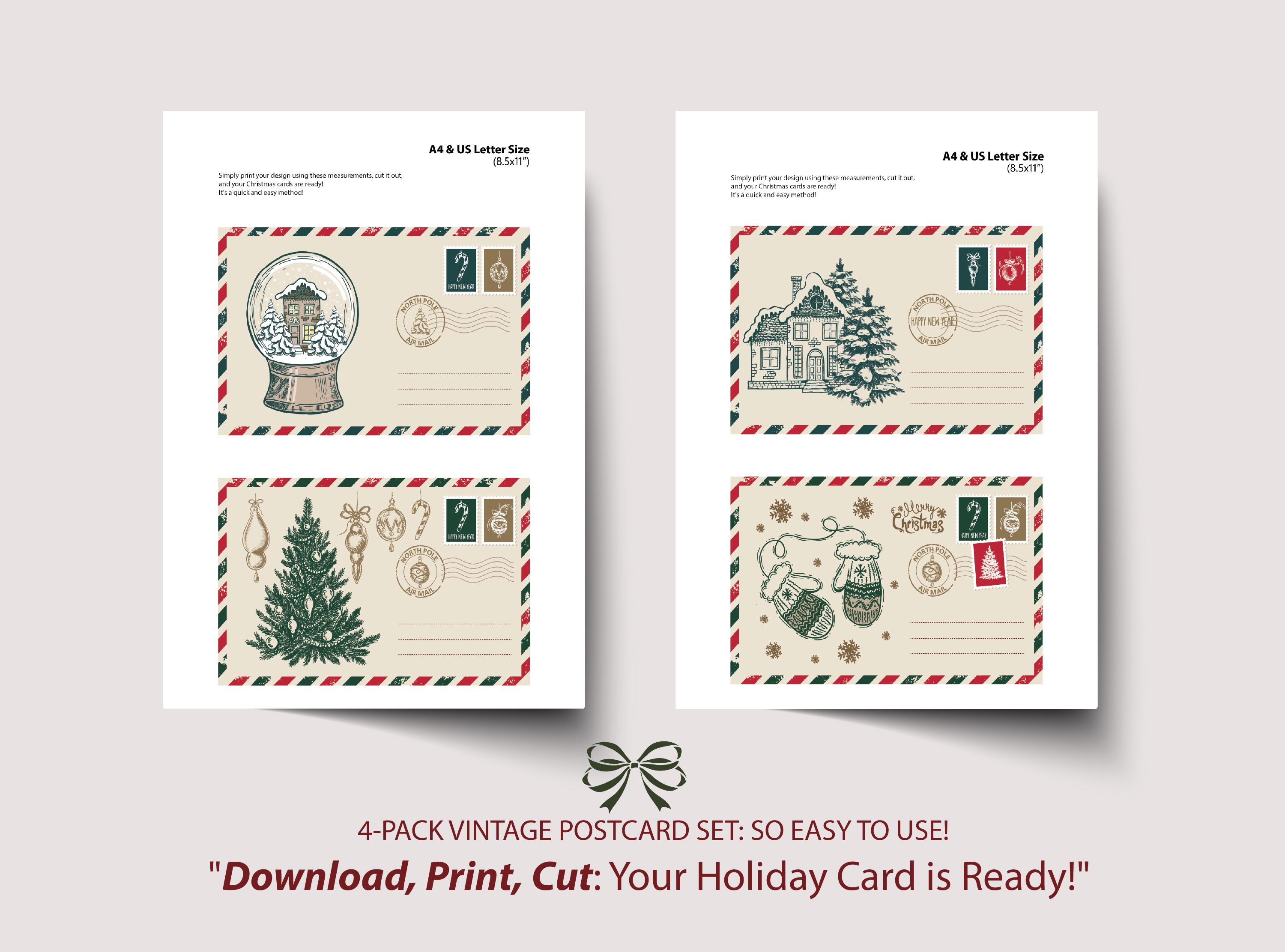 Vintage 4 Christmas Postcard Bundle, Retro Holiday Card Set, Winter ...