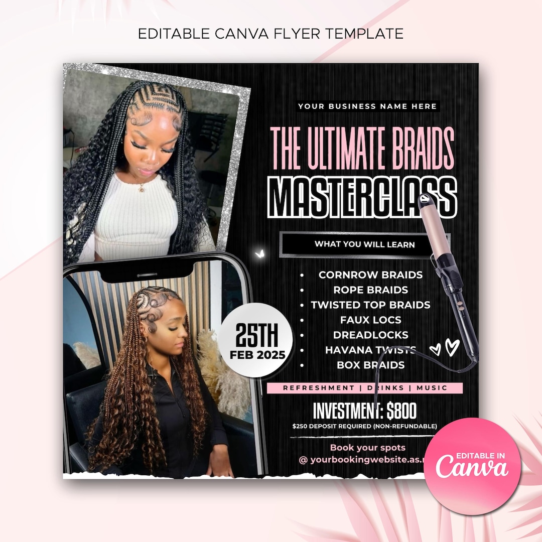 Braiding Masterclass DIY Canva Template Hair Salon Course Flyer 1 on 1 ...