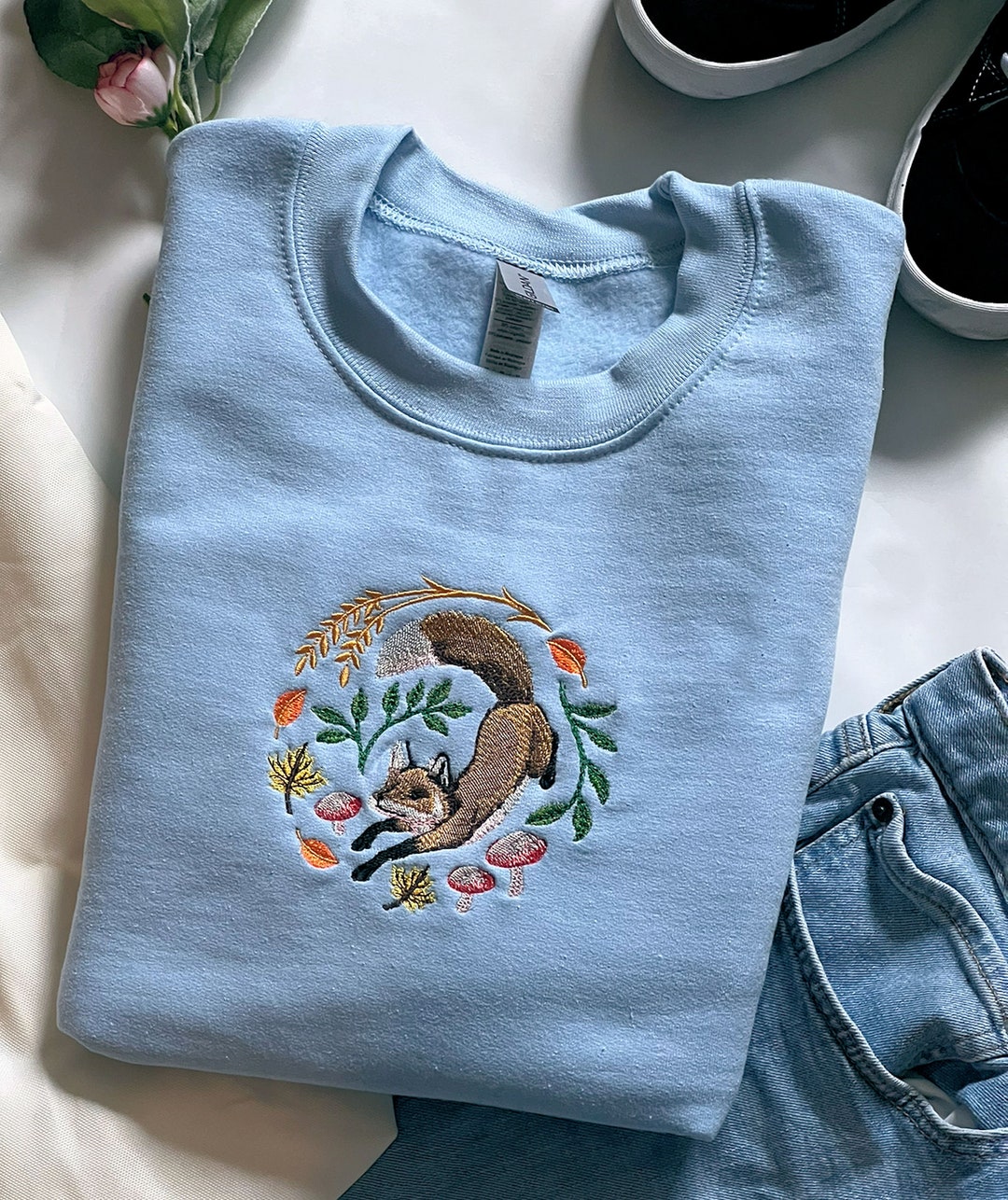 Fox With Foliage Embroidered Sweatshirt | Fox Sweatshirt | Sweatshirt ...