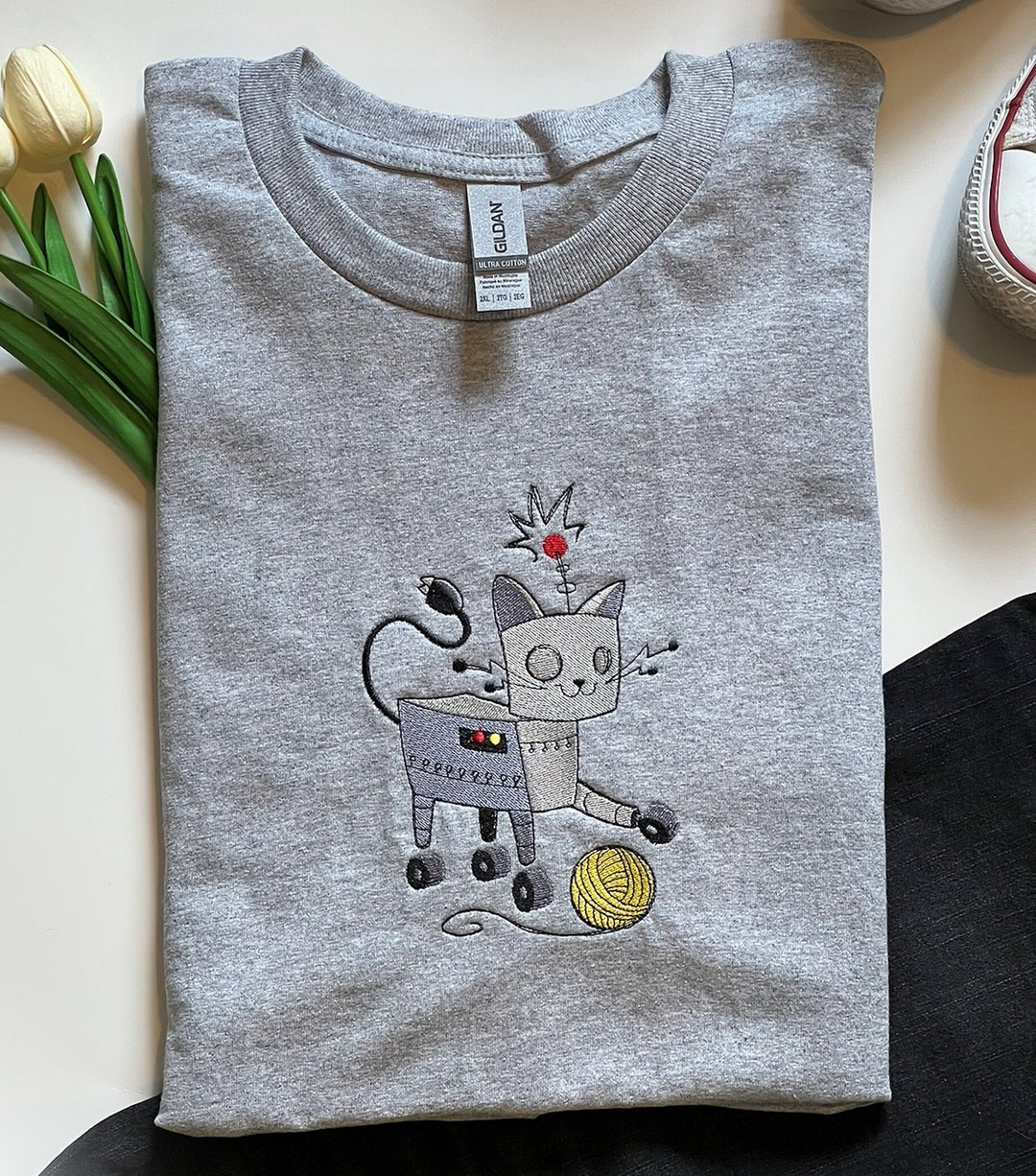 Embroidered Robot Cat Shirt | Feline Tee - Etsy