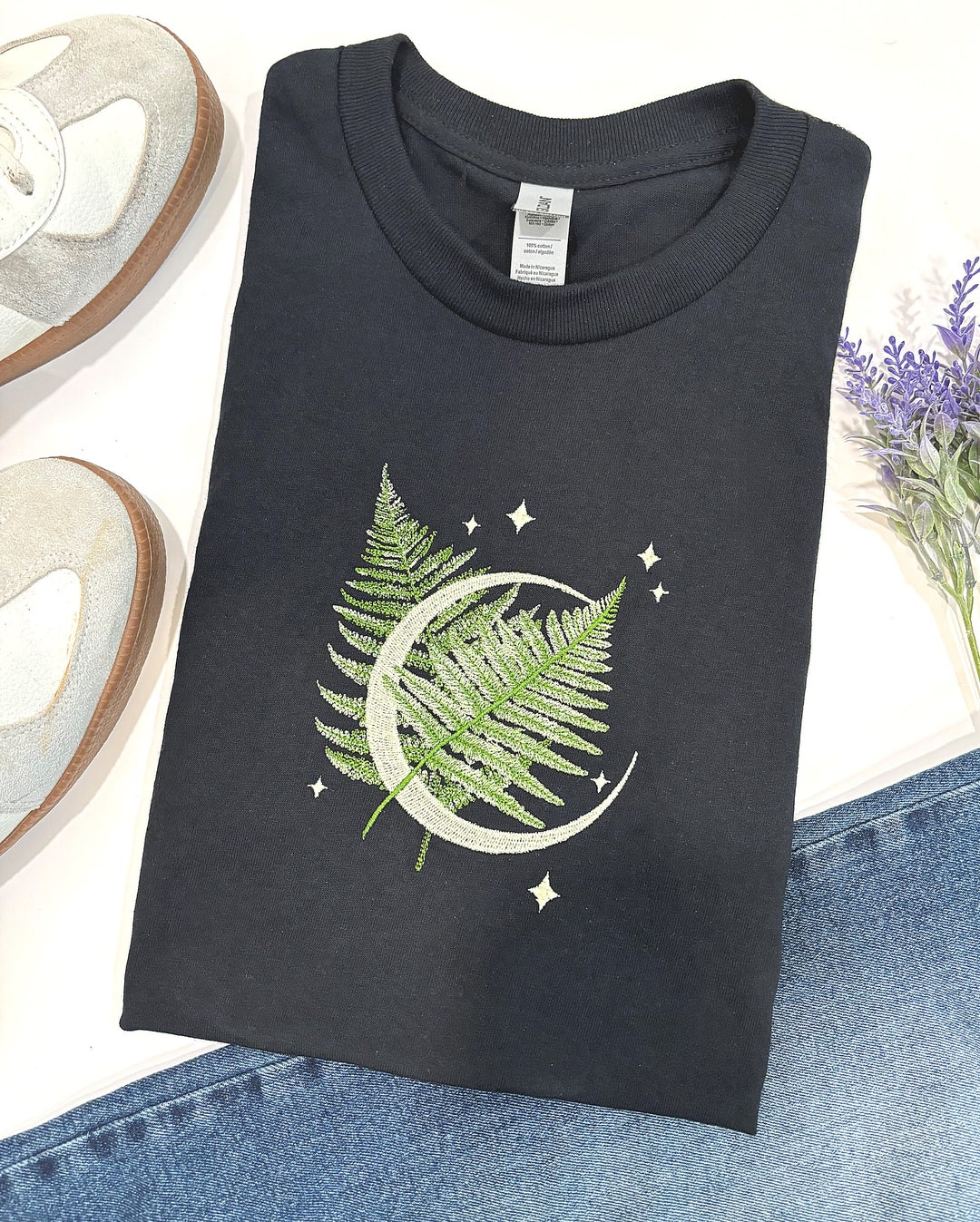 Celestial Ferns T-shirt Embroidered Moon Crewneck T-shirt Moon and ...