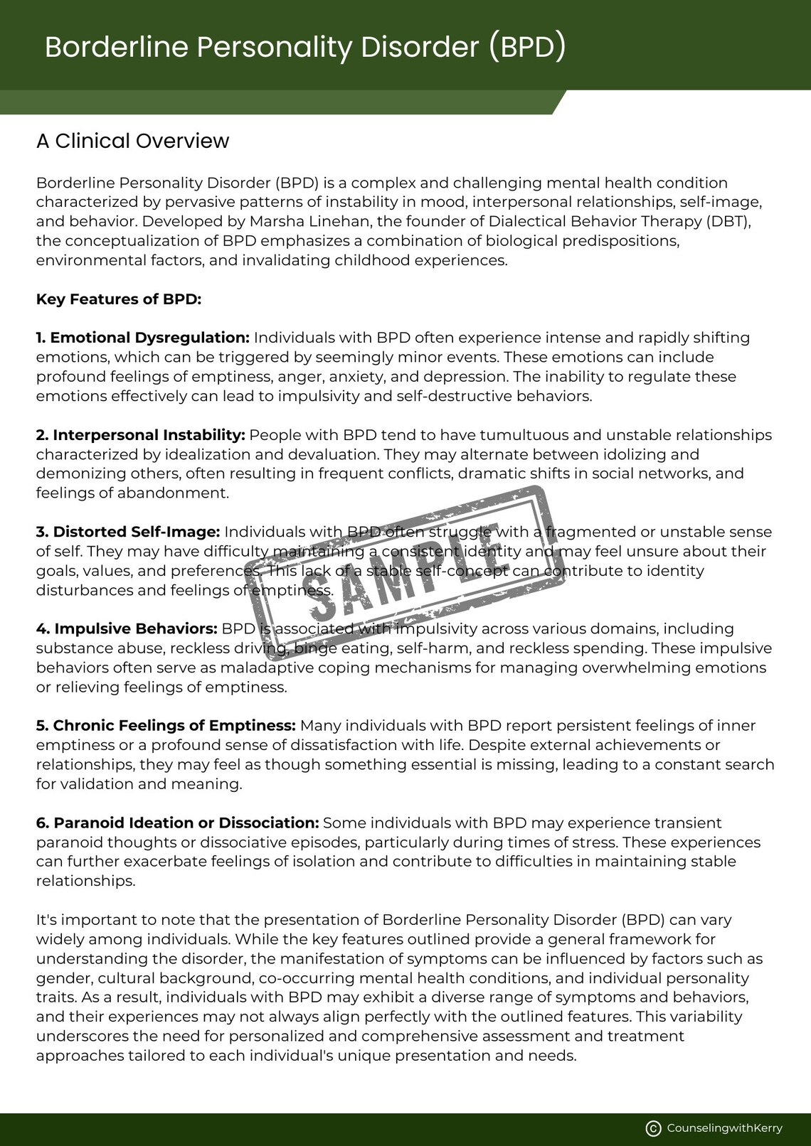 Borderline Personality Disorder Overview Worksheet - Etsy