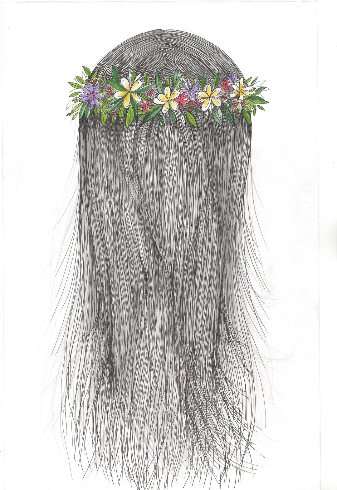 Woman Long Hair Haiku Lei Hairstyle Drawing Illustration Handmade Hand ...