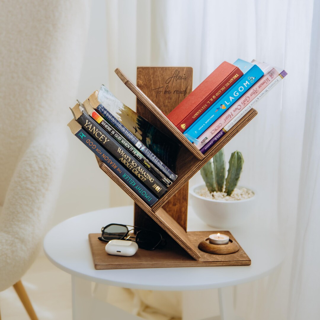 Book Display Rack, Rustic Tree Bookshelf, Freestanding Bookcase, Table ...