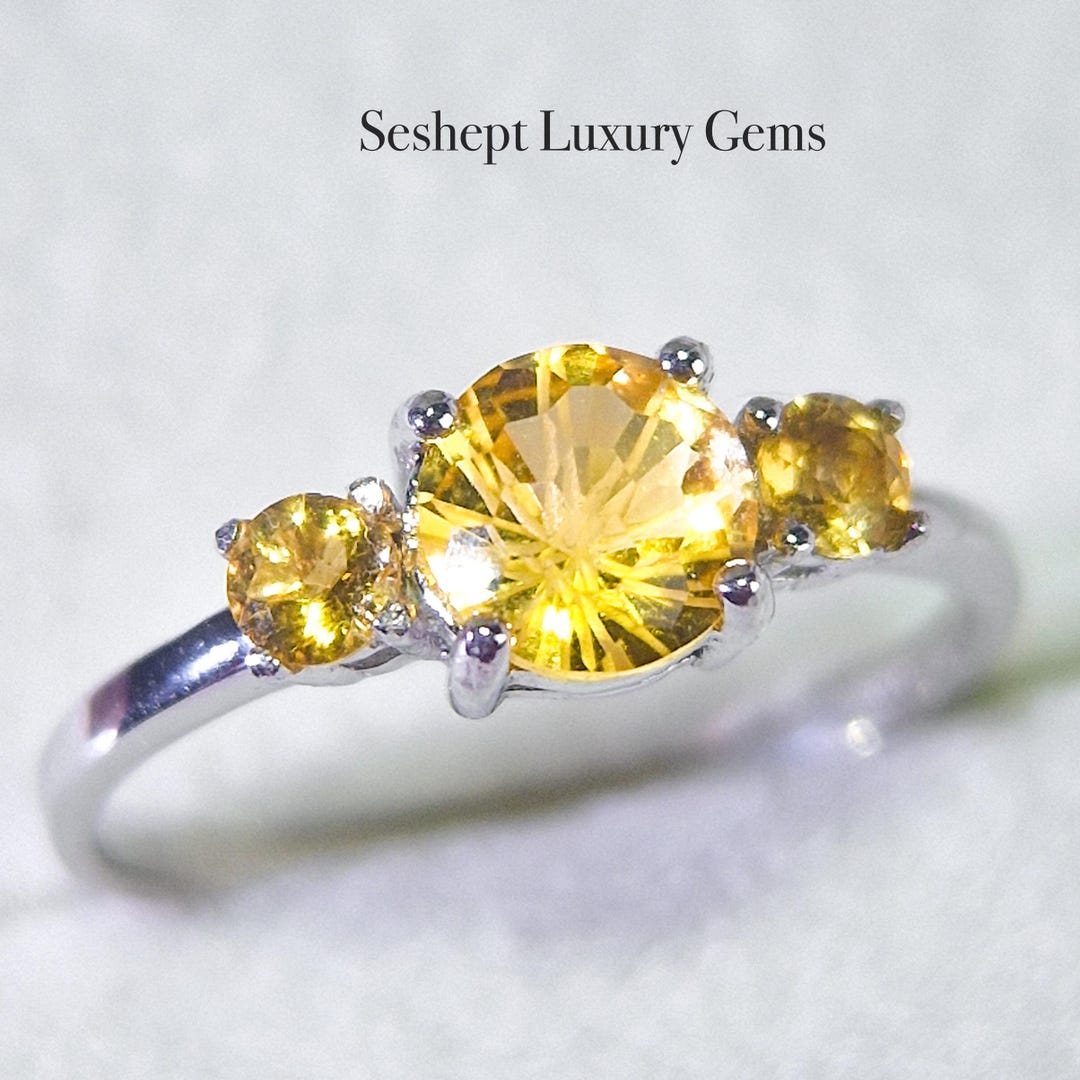 Sparky Three Stone Citrine Fireworks Hanabi Cut Gemstone S925 Ring ...