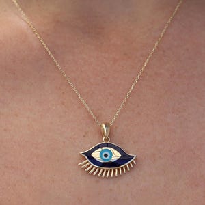 14K Real Solid Gold Eye Necklace, Gold Enamel Eye Necklace, Enameled ...